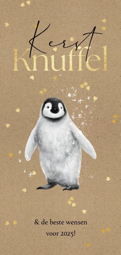 Kerstkaart kerstknuffel pinguïn hartjes goud Kaartje2go