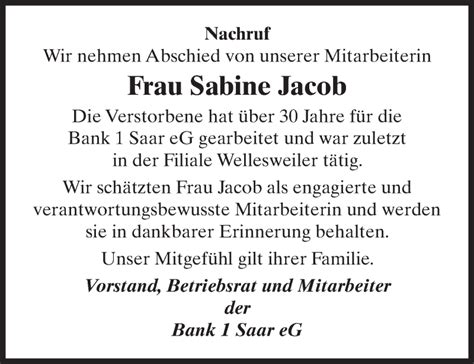Traueranzeigen Von Sabine Jacob Saarbruecker Zeitung Trauer De