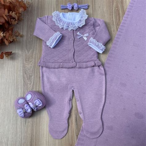 Saída maternidade Tricot menina Ágata tricô Lilás Bordado Perolas bebê