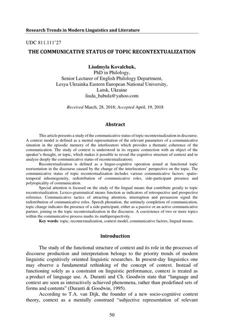 pdf the communicative status of topic recontextualization