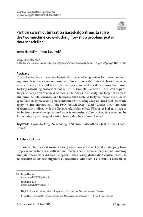 pdf particle swarm optimization based algorithms to solve the two machine cross docking flow