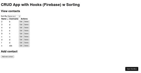 React Hooks CRUD Firebase W Sorting Codesandbox