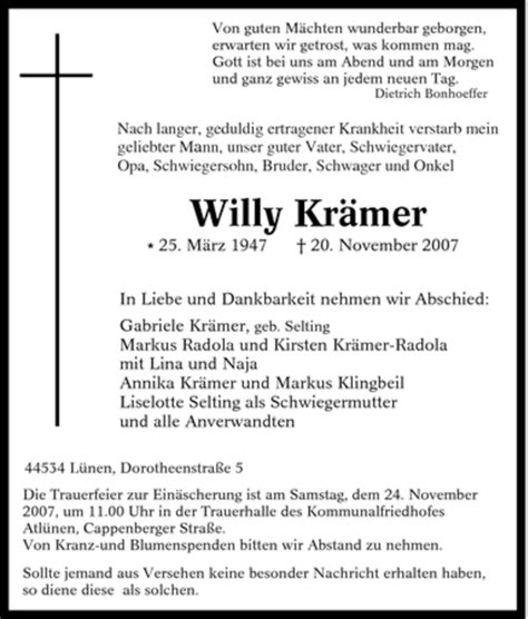 Traueranzeigen von Willy Krämer Trauer in NRW de