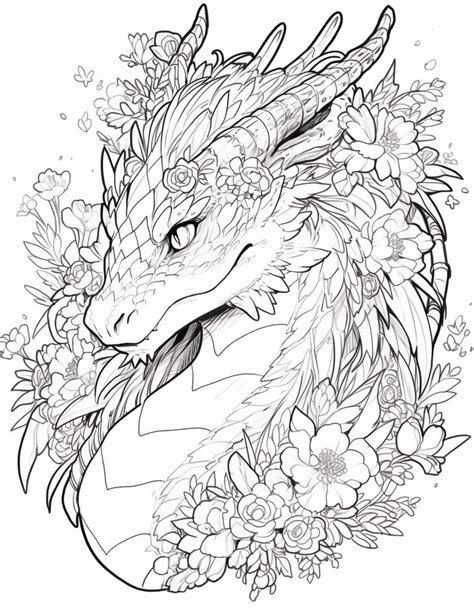 Fantasy Female Dragon With Flowers Coloring Page Coloring Pages