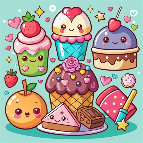 Cute Cartoon Desserts With Hearts And Stars On A Light Blue Background