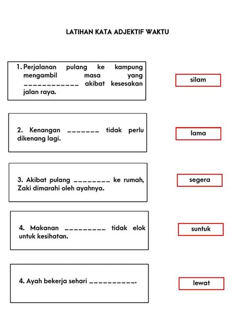 Latihan Kata Adjektif Waktu Worksheet