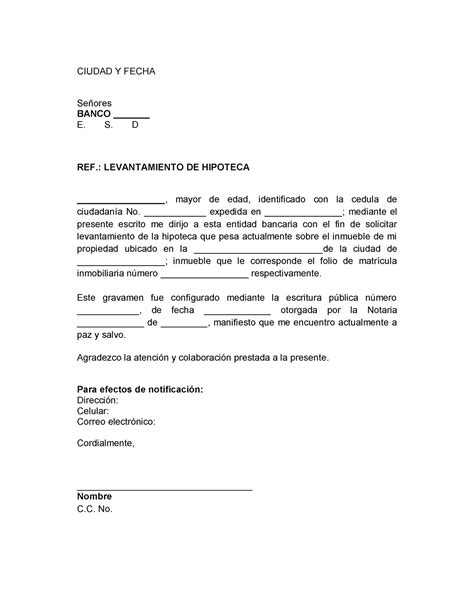Modelo De Carta Para Solicitar Levantamiento De Hipoteca En Colombia