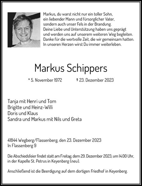 Alle Traueranzeigen F R Markus Schippers Trauer Rp Online De