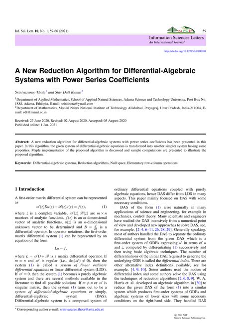 pdf a new reduction algorithm for differential algebraic systems with power series coefficients