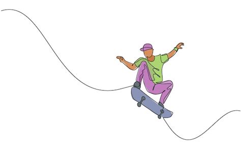 Un dibujo de línea continua de un joven skater montando patineta y