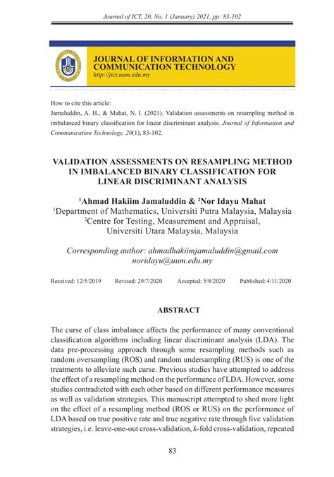 pdf validation assessments on resampling method in imbalanced binary classification for linear