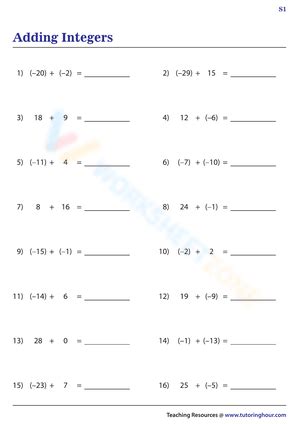 Adding Integers Worksheets