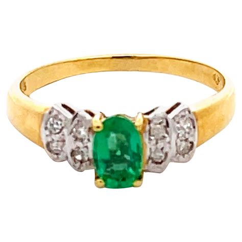 Oval Green Emerald And 2 Diamond Stackable Ring In 14k Yellow Gold For