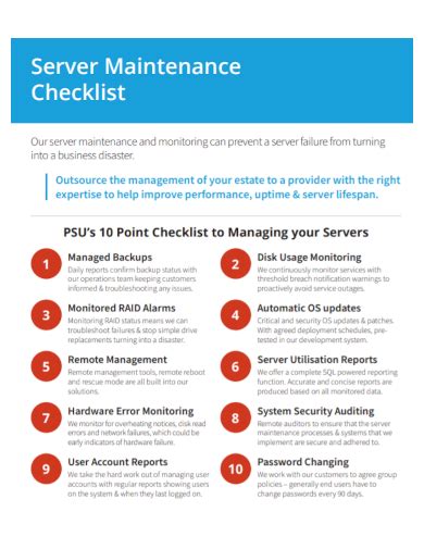 Free Server Maintenance Checklist Samples Network Preventive Room