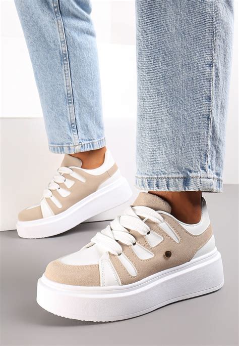 Biało Beżowe Sneakersy na Grubej Podeszwie przed Kostkę Alisis Renee