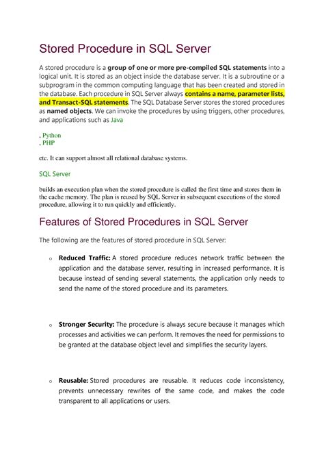 sql stored procedure stored procedure in sql server a stored procedure is a group of one or