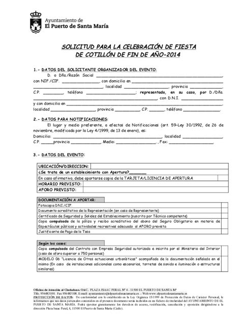 Completable En línea SOLICITUD PARA LA CELEBRACIN DE FIESTA DE Fax
