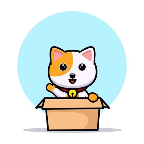 Lindo Gato Dentro De La Caja Y Agitando La Mano Mascota De Dibujos