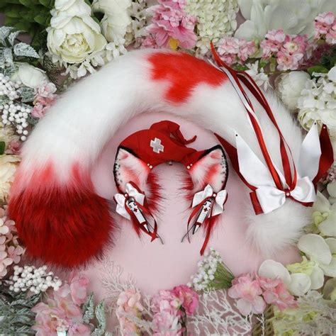 Nurse Red Fox Kitten Kitty Cat Fur Ears And Tail Set Witch Nurse Witch Hat Cute Menhera Cat