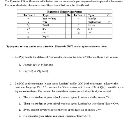 solved the equation editor shortcuts table below lists the
