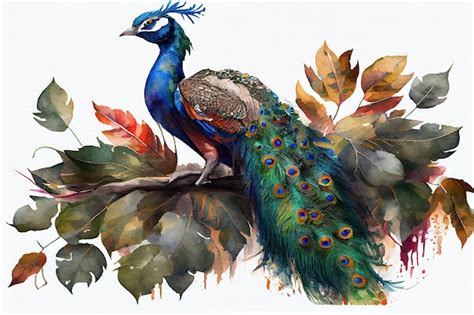 Pintura En Acuarela De Un Pavo Real Con Plumas Creado Con Ai Generativo