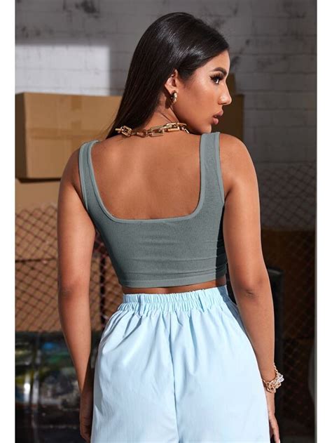 SHEIN EZwear Square Neck Rib Knit Crop Tank Top SHEIN UK