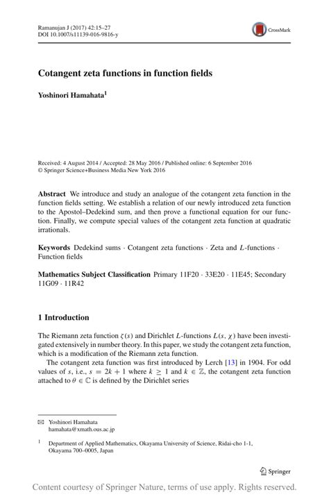 cotangent zeta functions in function fields request pdf