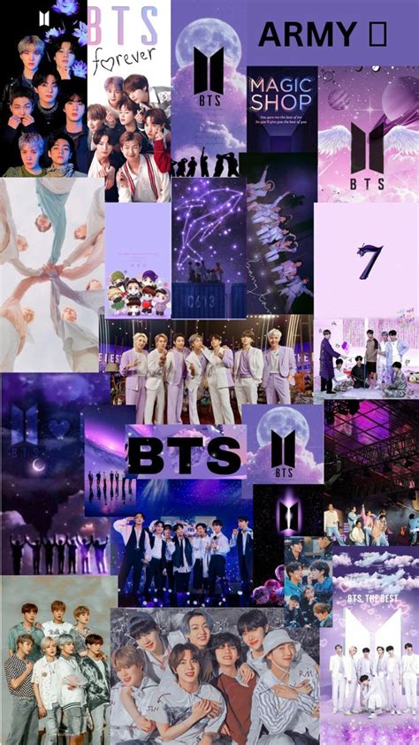 The Bts Collage Is Shown In Purple And Blue Tones With Many Different
