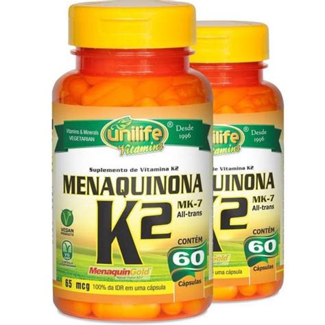 Kit 2 Vitamina K2 Menaquinona mk7 60 cápsulas Unilife Vitaminas A Z