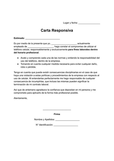 Carta Responsiva De Celular De Trabajo Ejemplos