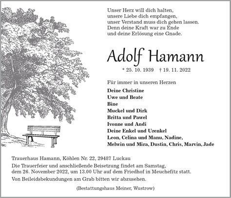 Das Trauerportal für Lüchow Dannenberg Todesanzeigen Adolf Hamann