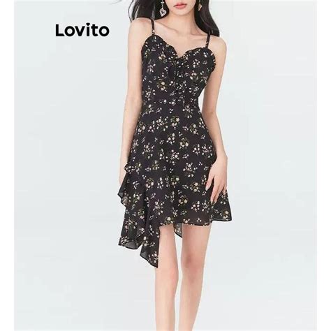 Lovito Casual Ditsy Floral Lace Up Asymmetrical Dress For Women