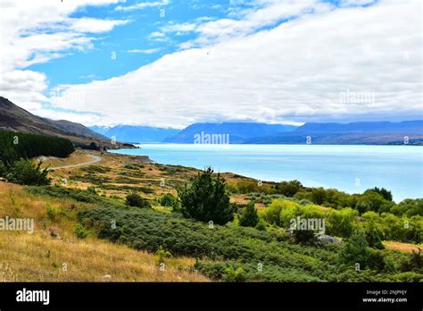 The Road Leading To Aoraki Mt Cook Along Lake Pukaki New Zealand Stock