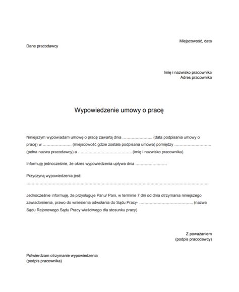 Wypowiedzenie Umowy O Prac Wz R Pdf I Doc Jak Napisa