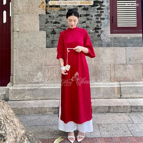Áo Dài Cách Tân Nữ Gấm Đỏ Trung Dáng Suông Xưa Đính Nơ Chaang May Sẵn