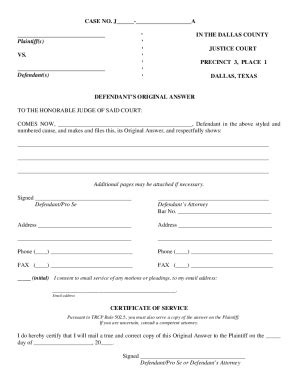 Tx Defendants Original Answer Dallas County Fill And Sign