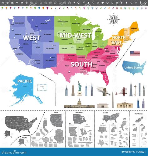 Mapa Do Estados Unidos Da Am Rica Colorido Por Regi Es Ilustra O Do