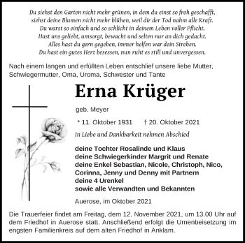 Traueranzeigen Von Erna Kr Ger Trauer Nordkurier
