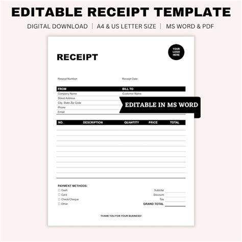 Editable Receipt Template Business Receipt Billing Template Receipt