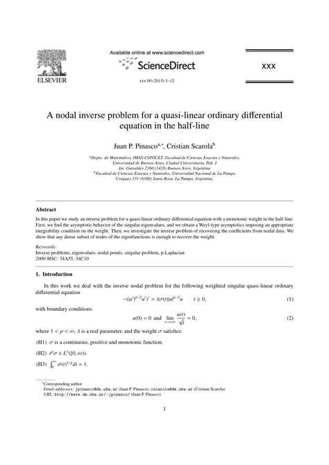 pdf a nodal inverse problem for a quasi linear ordinary differential equation in the half line