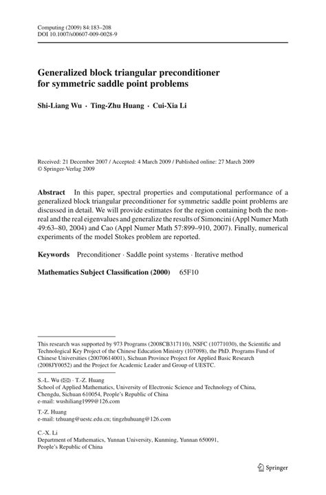 pdf generalized block triangular preconditioner for symmetric saddle point problems