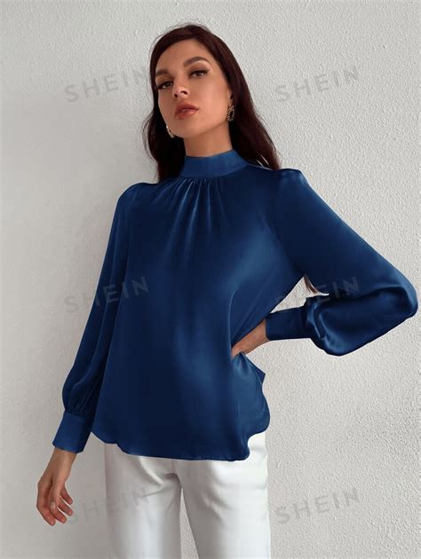 SHEIN BIZwear Satin Mock Neck Puff Sleeve Blouse Workwear SHEIN Singapore
