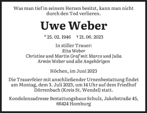 Traueranzeigen Von Uwe Weber Saarbruecker Zeitung Trauer De