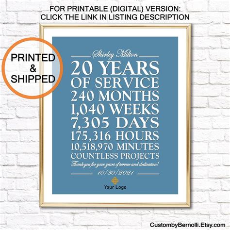 Personalized 20 Year Work Anniversary PRINT 20 Years Of Etsy In 2022