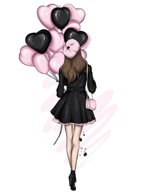 Chica Elegante Con Corazones De Globos Vector Premium