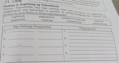 Gawain 2 Paglinang Ng Talasalitaan Panuto Pagtambalin Ang Mga