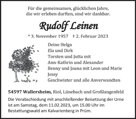 Traueranzeigen Von Rudolf Leinen Volksfreund Trauer De