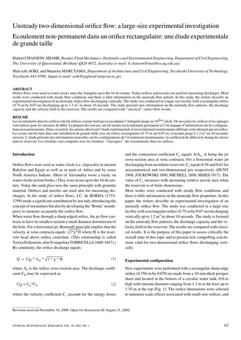 pdf unsteady two dimensional orifice flow a large size experimental investigation ecoulement
