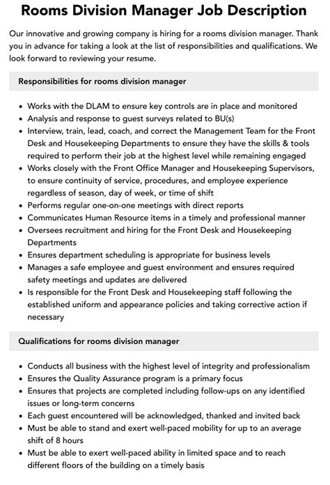 Rooms Division Manager Job Description Velvet Jobs