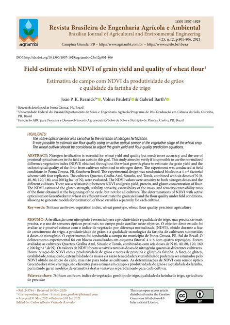 pdf field estimate with ndvi of grain yield and quality of wheat flour